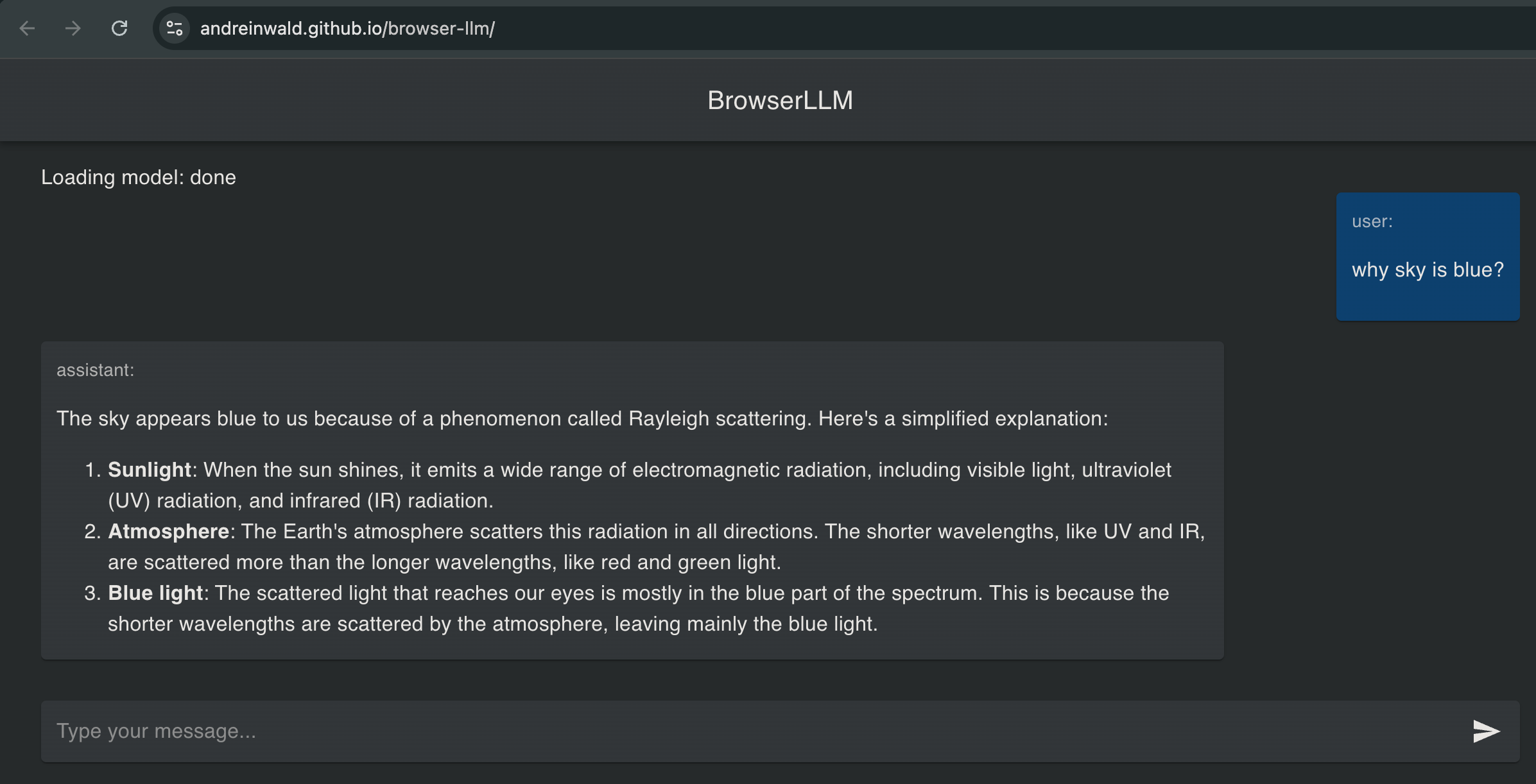 GitHub - andreinwald/browser-llm: Browser LLM Demo (like ChatGPT). Works locally with JavaScript ...