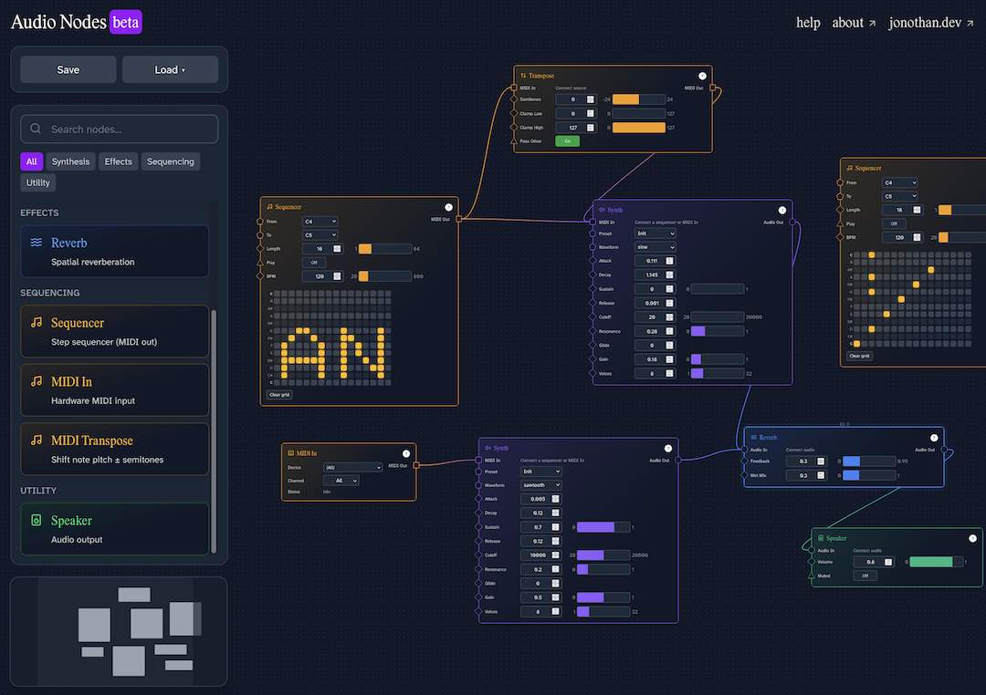 GitHub - jonothanhunt/audio-nodes: Modular audio & MIDI playground in the browser.