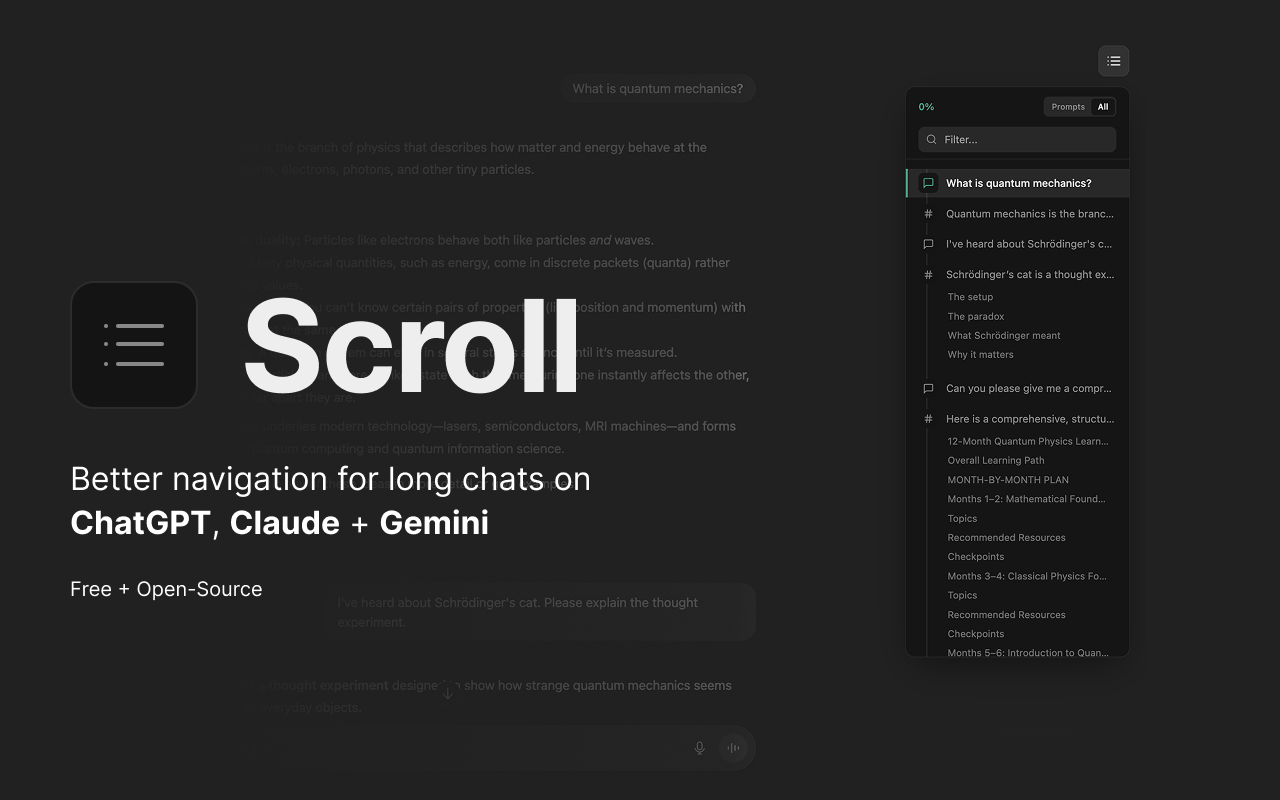 GitHub - asker-kurtelli/scroll: chrome extension for better LLM chat navigation