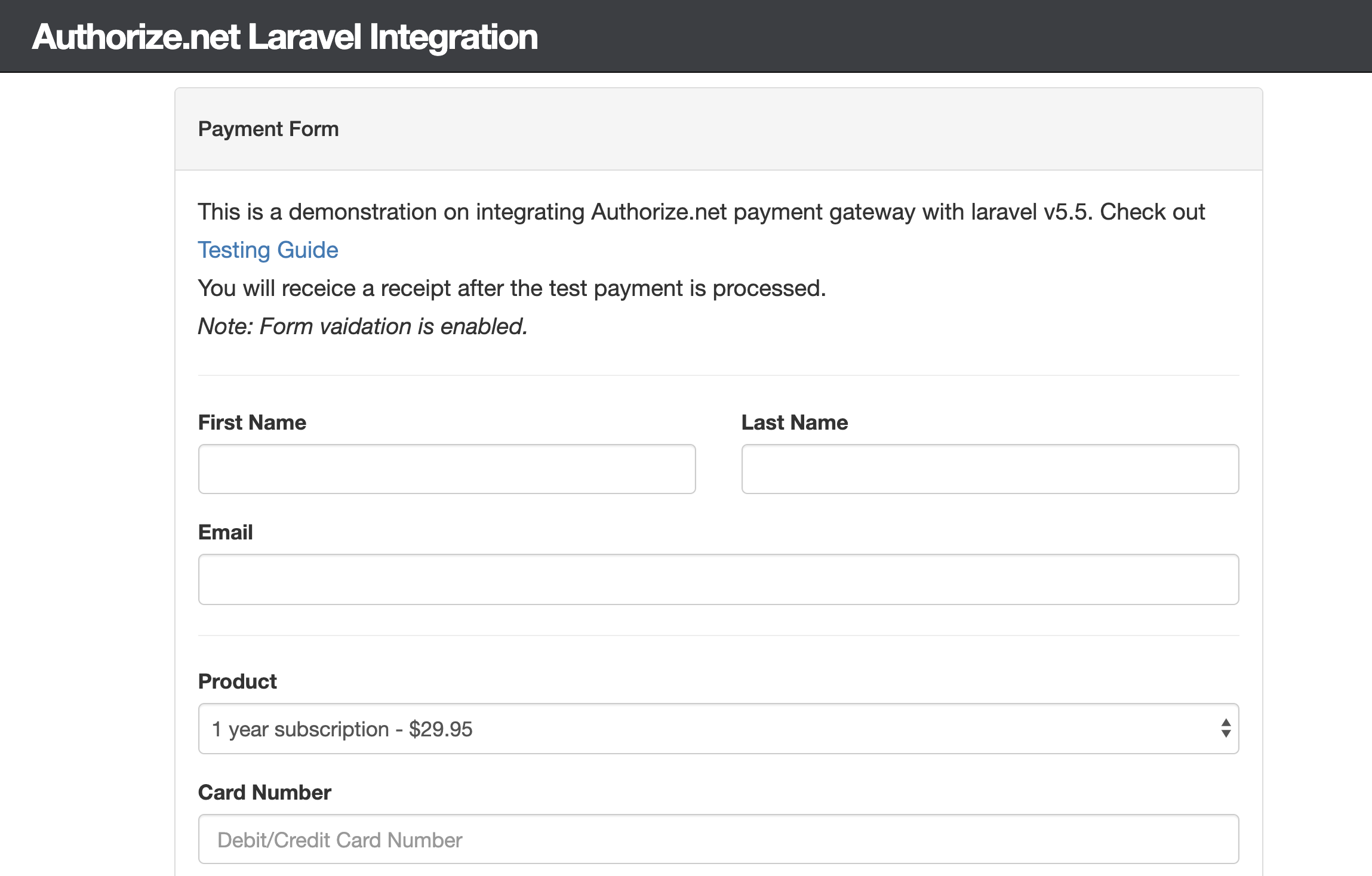 GitHub - haiyunx/authorize.net-laravel-integration: A demo payment form