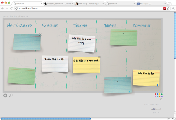 GitHub - aliasaria/scrumblr: Collaborative Online Scrum Tool Using Websockets, Node.js, jQuery ...