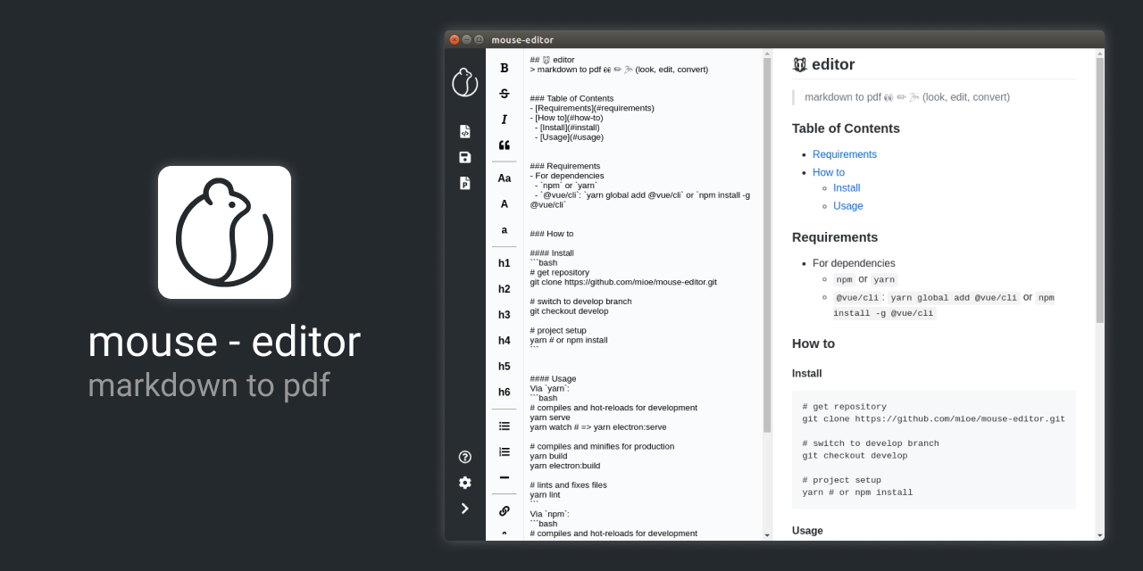 GitHub - mioe/mouse-editor: markdown to pdf 🐭 (look, edit, convert)