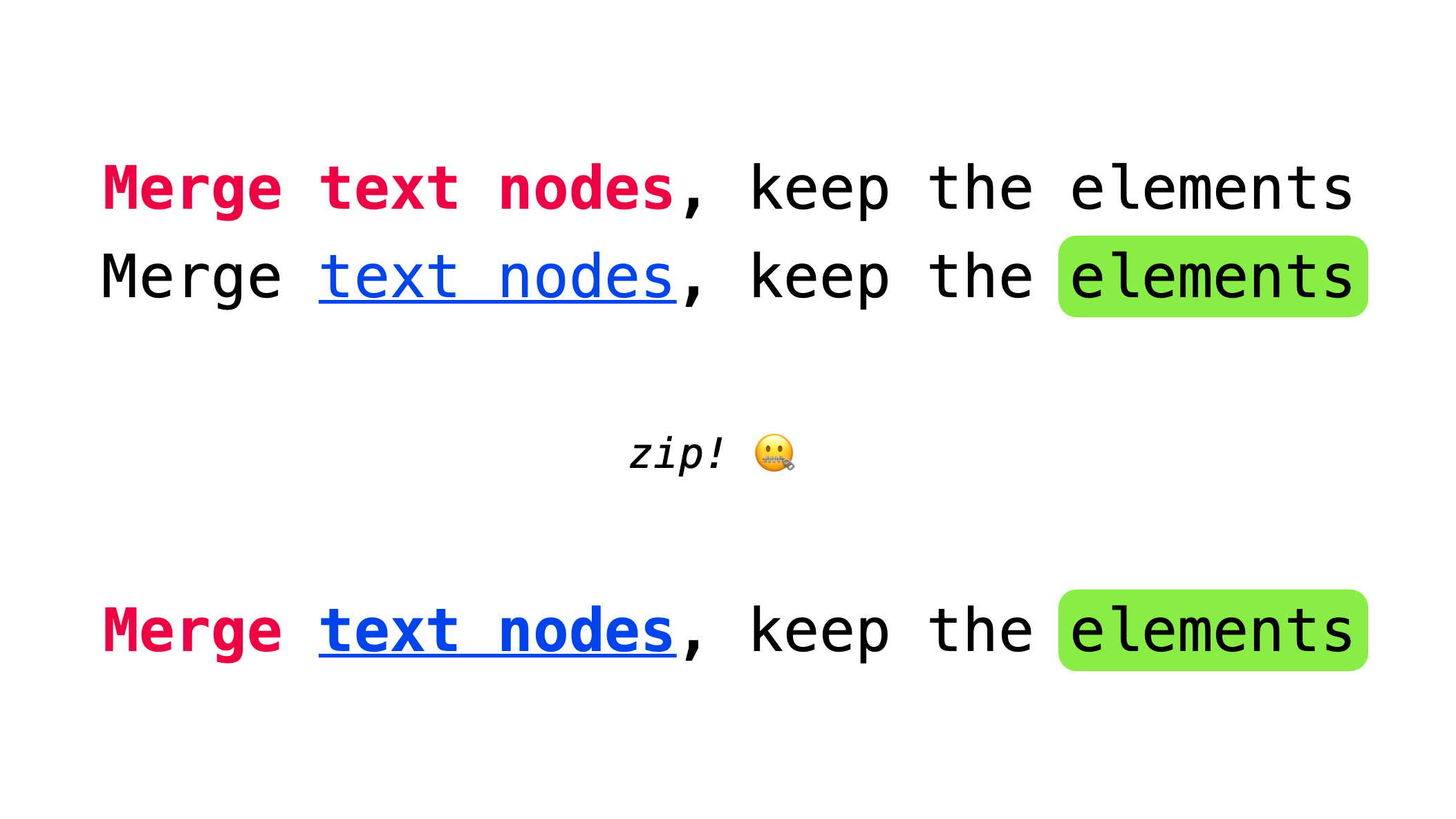 GitHub - fregante/zip-text-nodes: Merge the DOM of 2 elements with the same textContent.