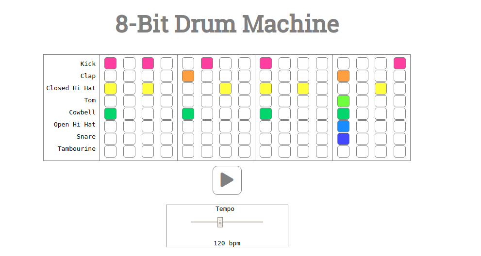 GitHub - jessicadavey/8-bit-drum-machine: An 8-bit drum machine using JavaScript and CSS.