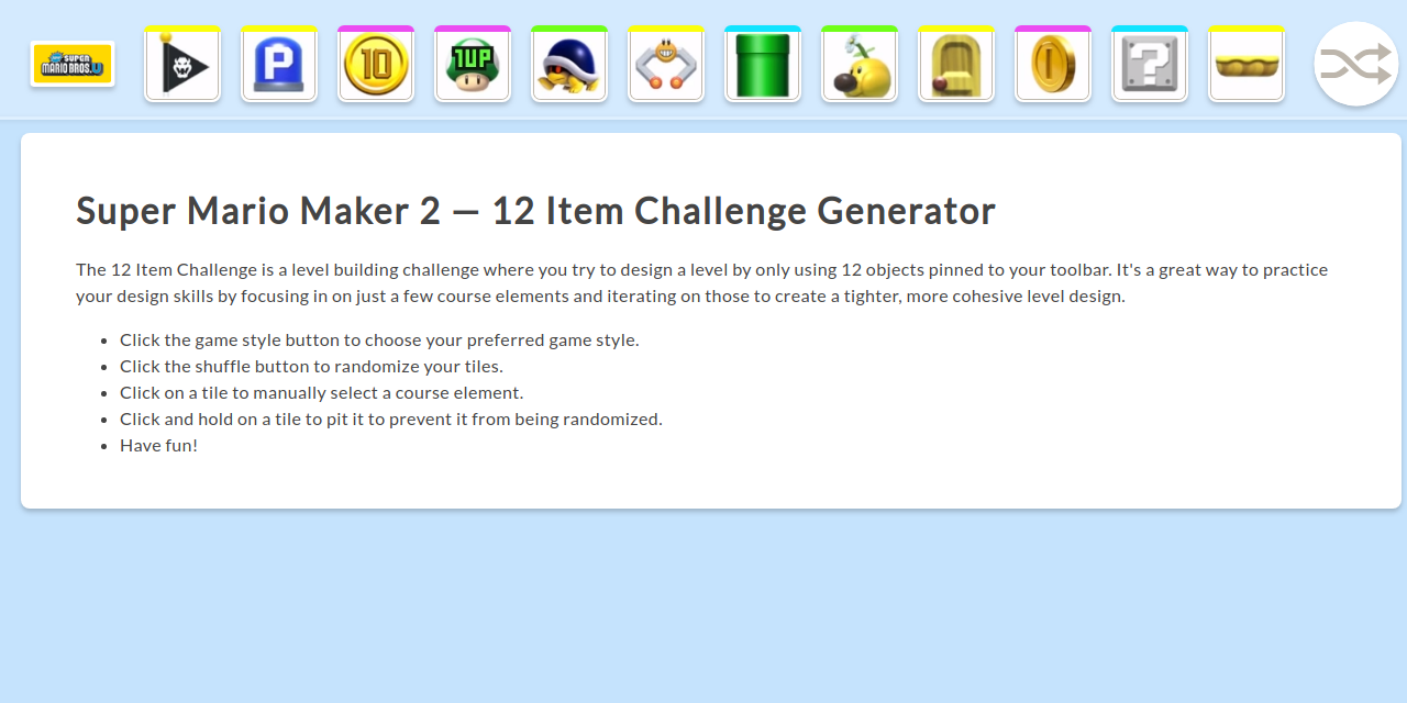 GitHub - etler/mario-maker: Super Mario Maker 2: 12 Item Challenge