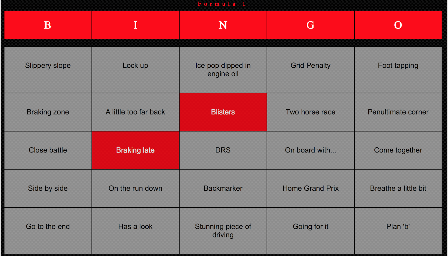 GitHub - tmbarbour/BingoCards: HTML Bingo card for Formula One (F1 ...