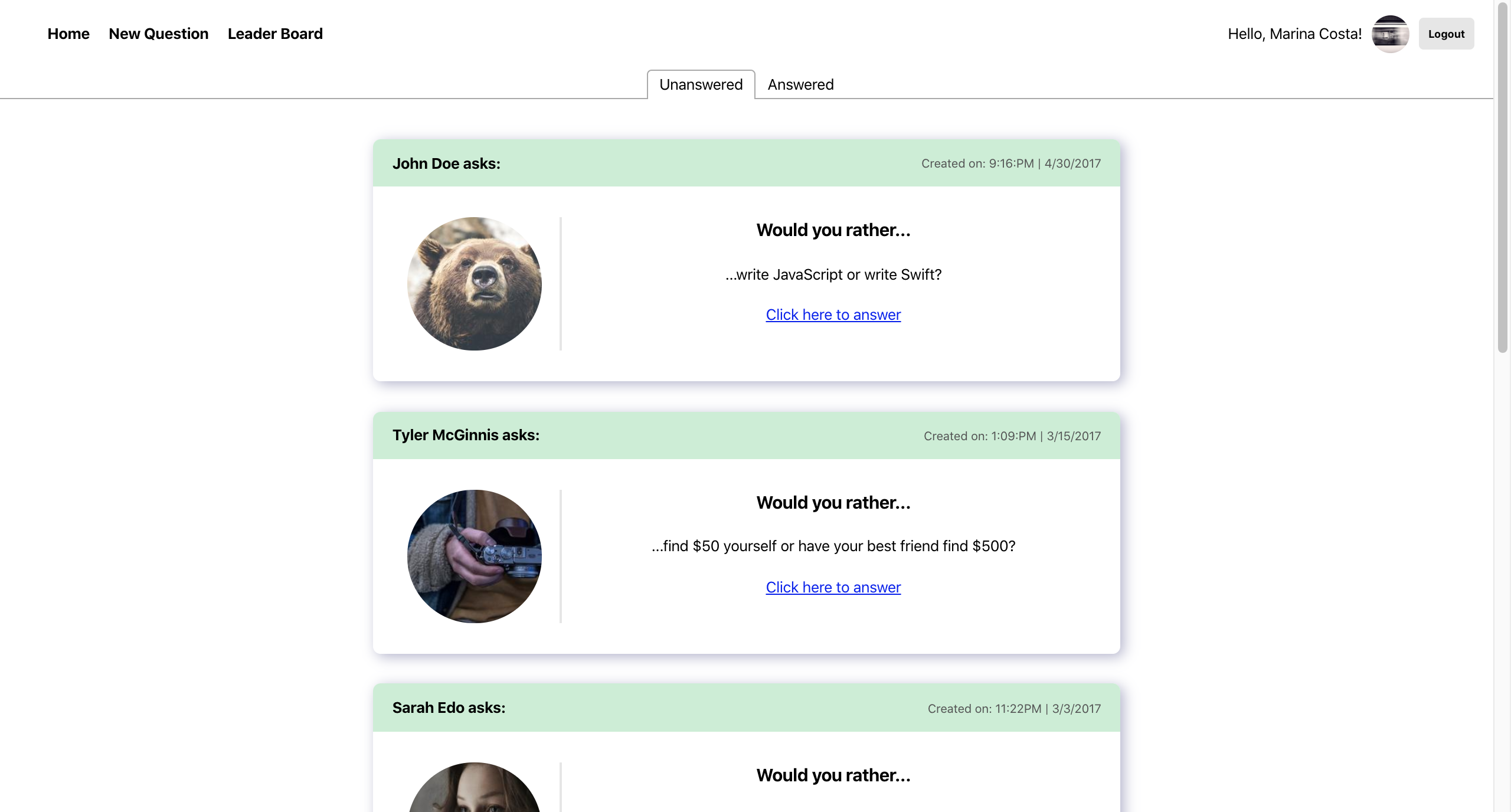 GitHub - MarinaFroes/RDND-project2-WouldYouRather: Udacity React Developer Nanodegree - Would ...