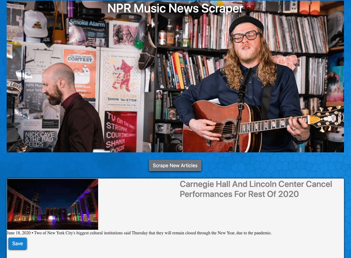 GitHub - adlee77/MongoDB-Scraper: A scraper app that scrapes articles from NPR's Music News section.