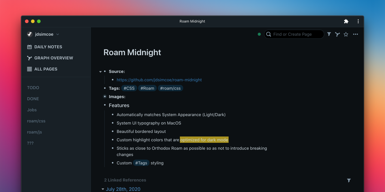GitHub - jdsimcoe/roam-midnight: A dark & light minimal CSS theme for Roam Research.
