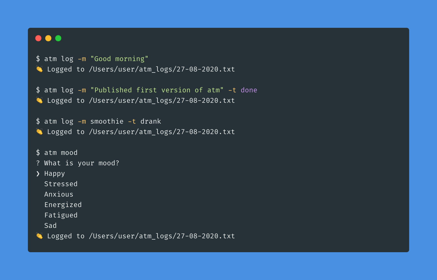 GitHub - UdaraJay/atm: Personal logging and tracking CLI that does some ...
