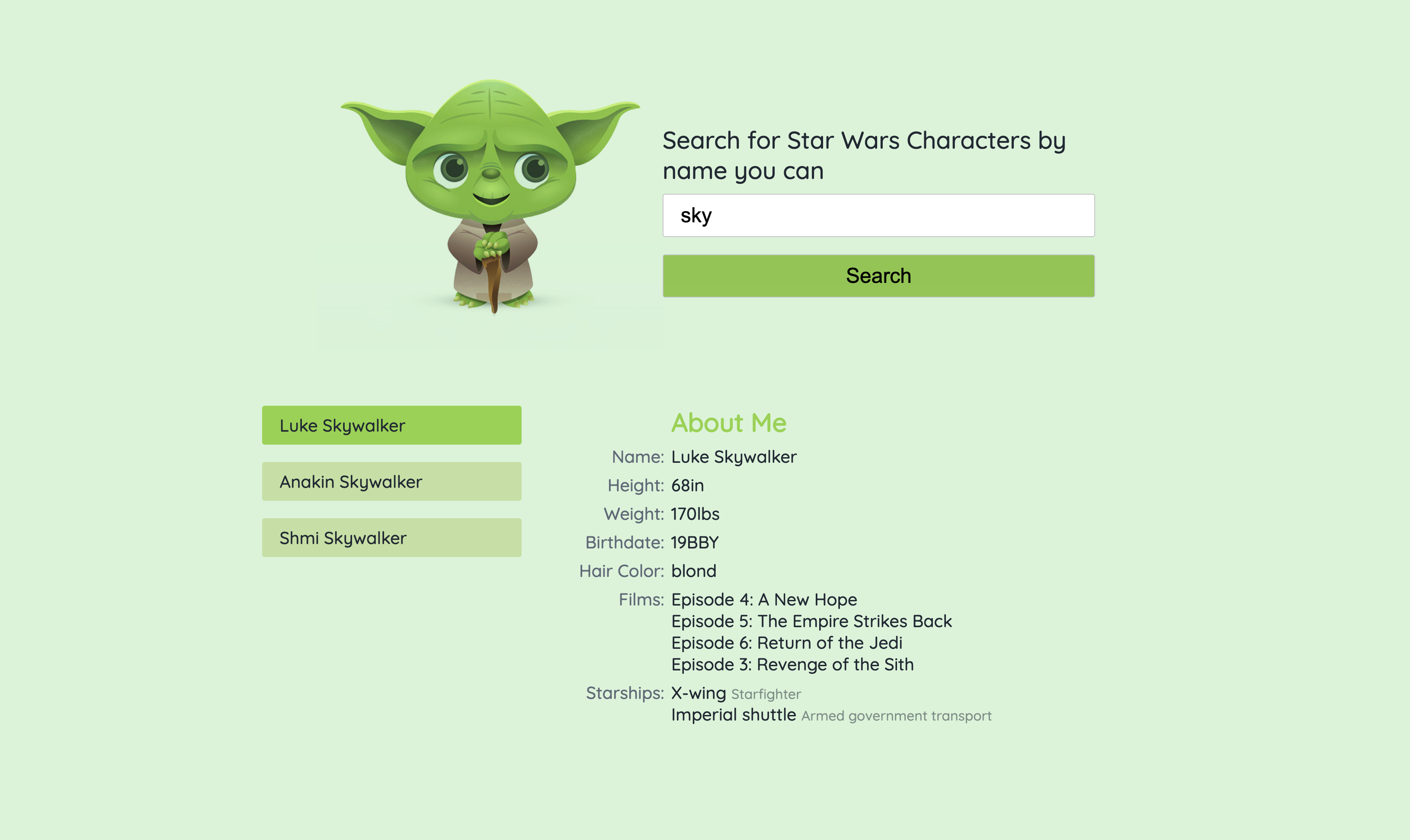 GitHub - BenBrownCreative/starWarsProfile: Search by Star Wars Character. Results are displayed ...