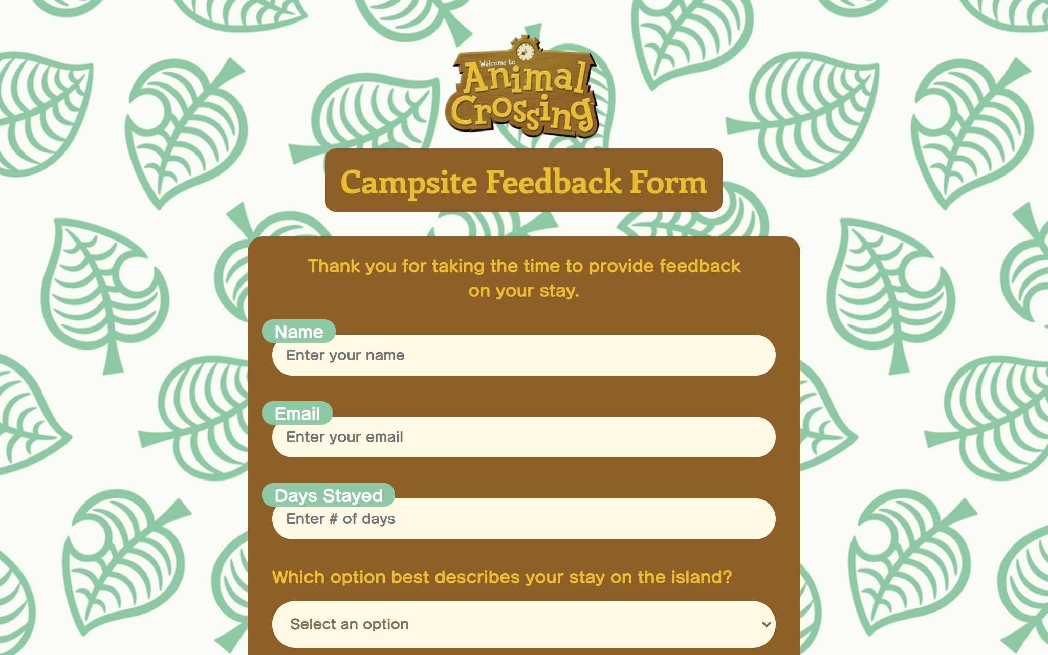GitHub - jemalmazar/fCC-p2-survey_form: An Animal Crossing inspired single page form where users ...