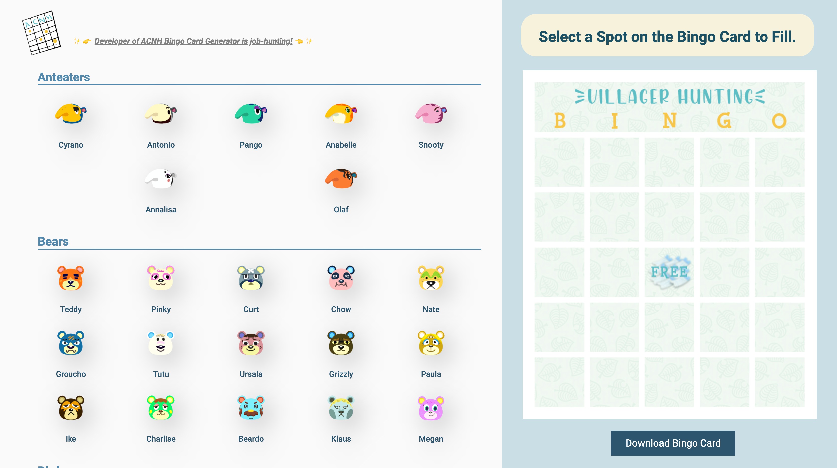 GitHub - t0ri/acnh-bingo: Generate a bingo card for villager hunting in Animal Crossing New ...
