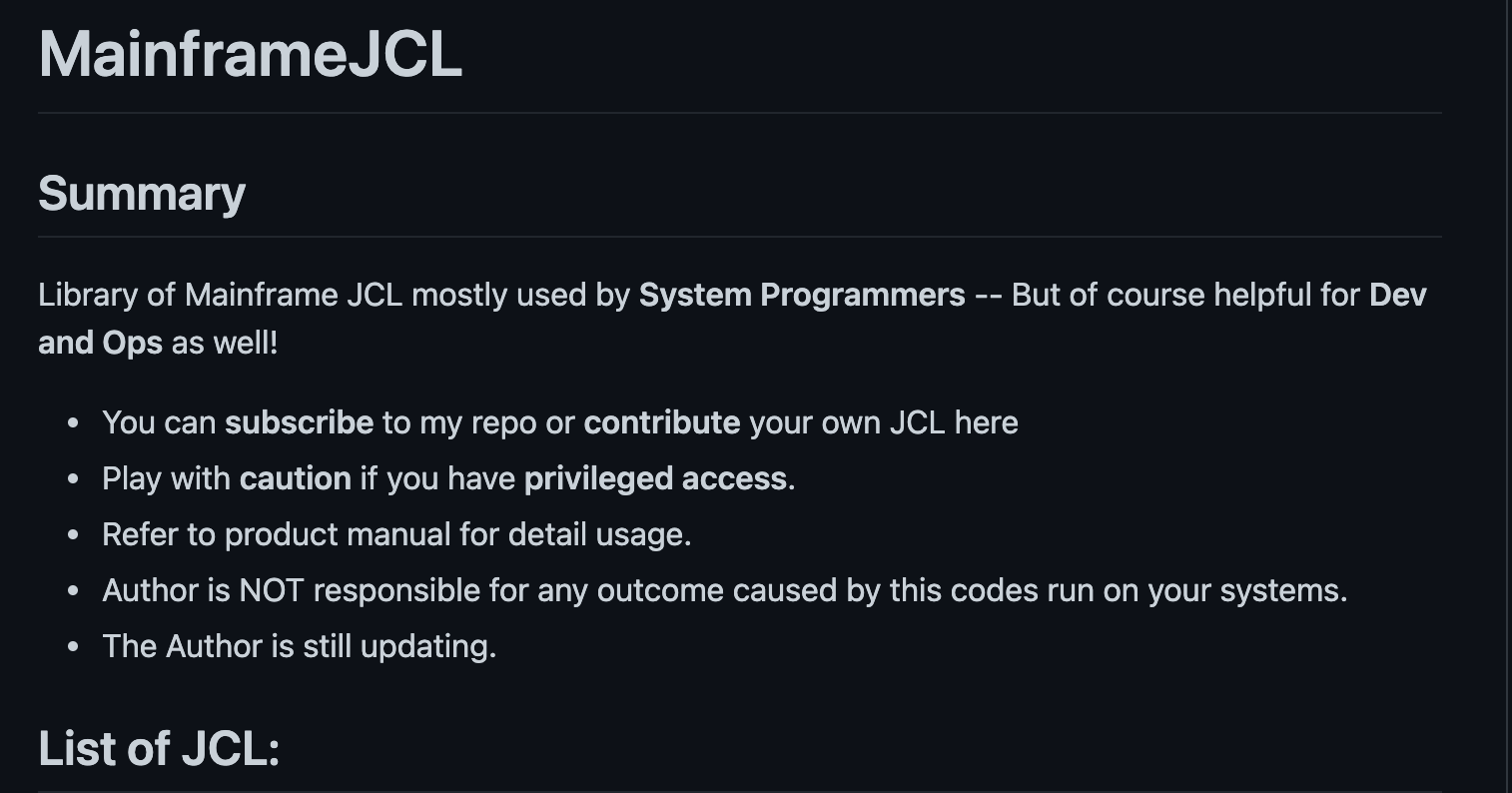 GitHub - billrain/MainframeJCL: Library of Mainframe JCL