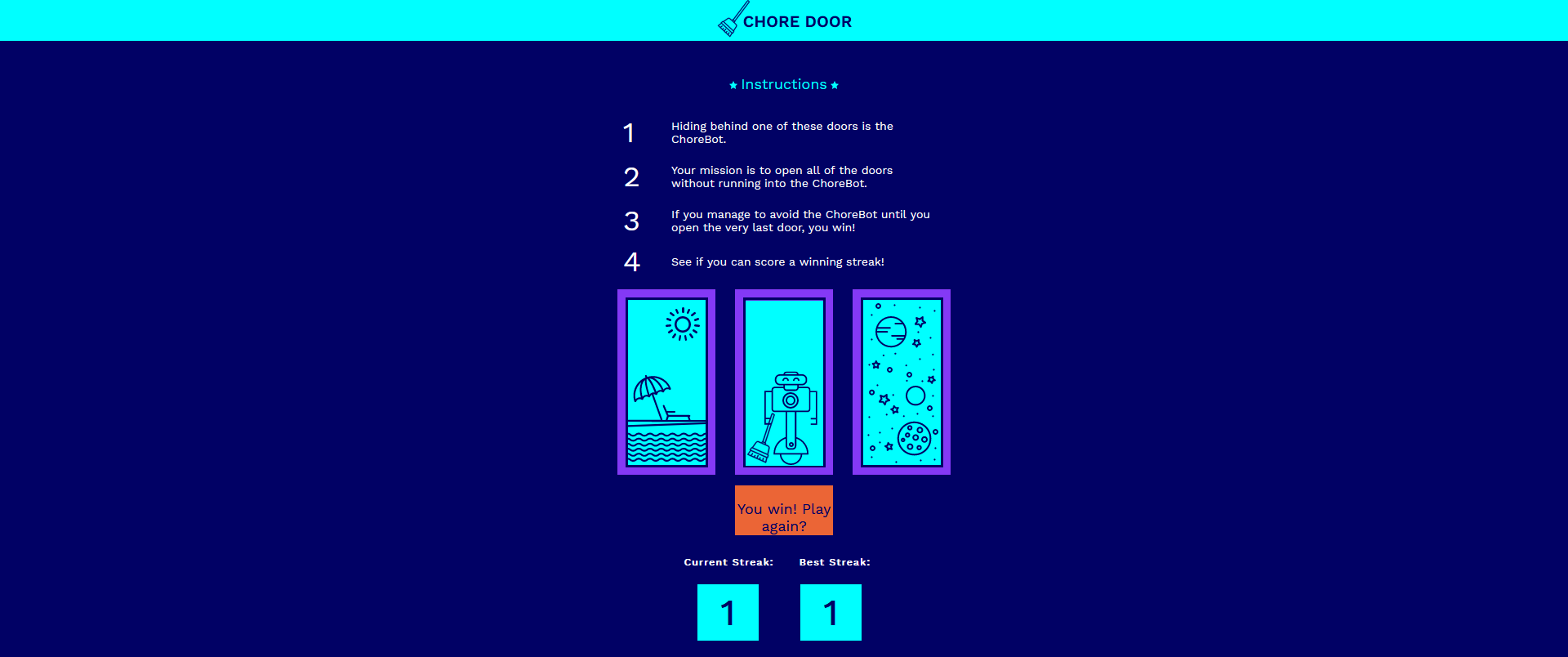 GitHub - KrystalJean/Chore-Door-Game: Codecademy project