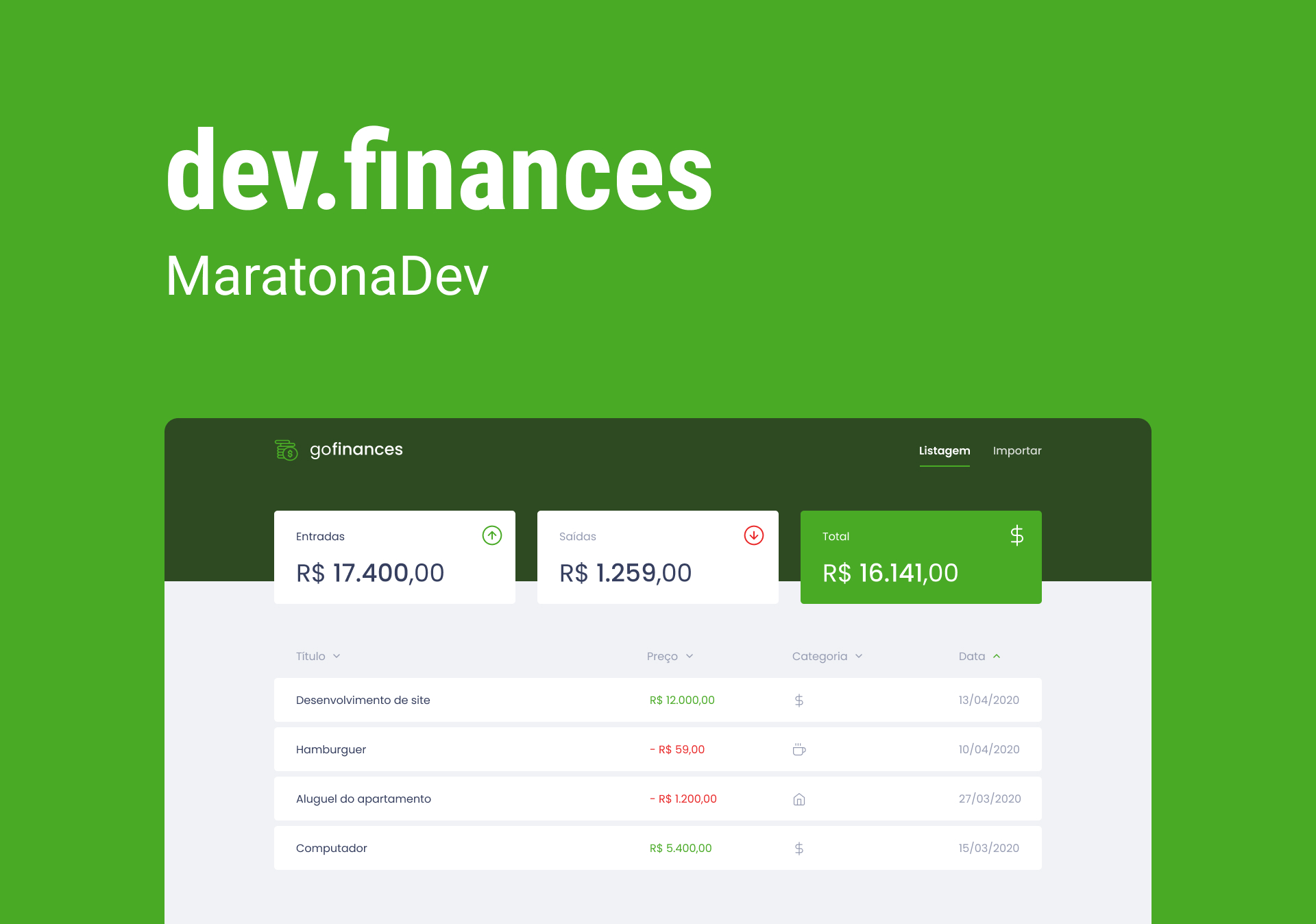 GitHub - angelicaalbuquerque/maratona-discover-01_rocketseat: Development of a financial ...