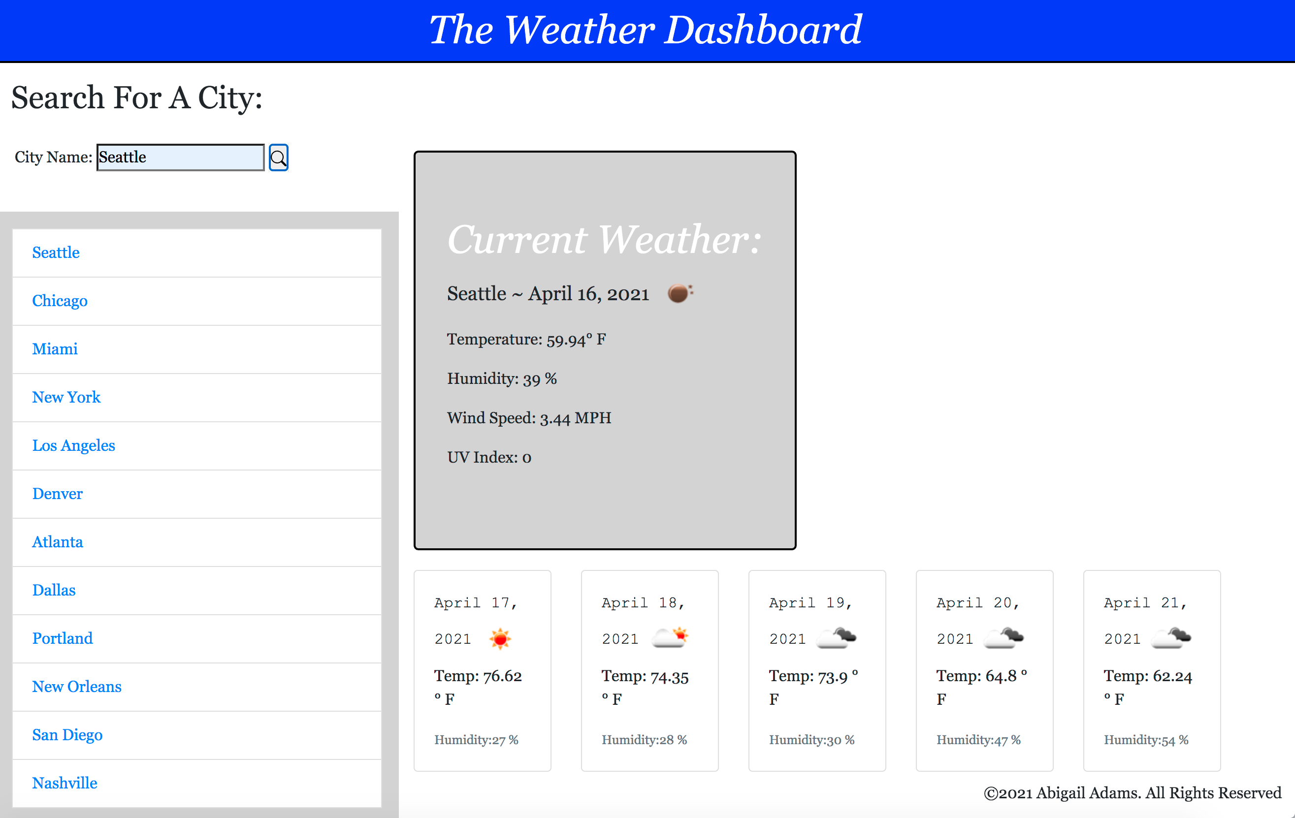 GitHub - abigailGadams/WeatherDashboard: Weather app that allows user ...
