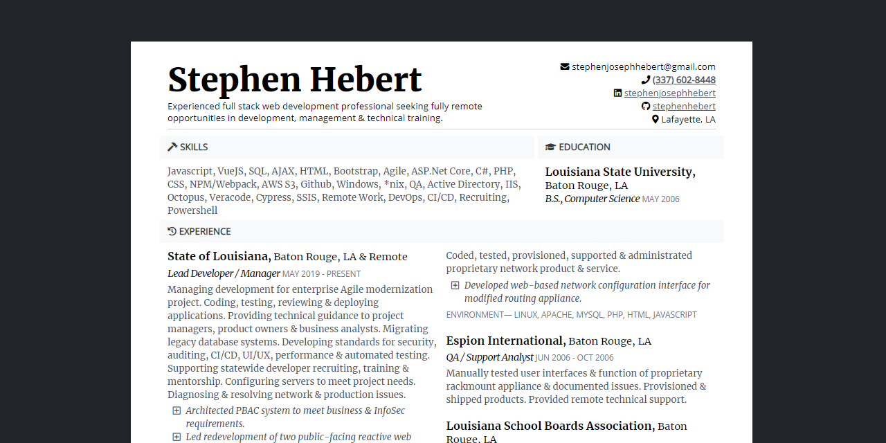GitHub - stephenhebert/resume: A simple Vue.js resumé generator