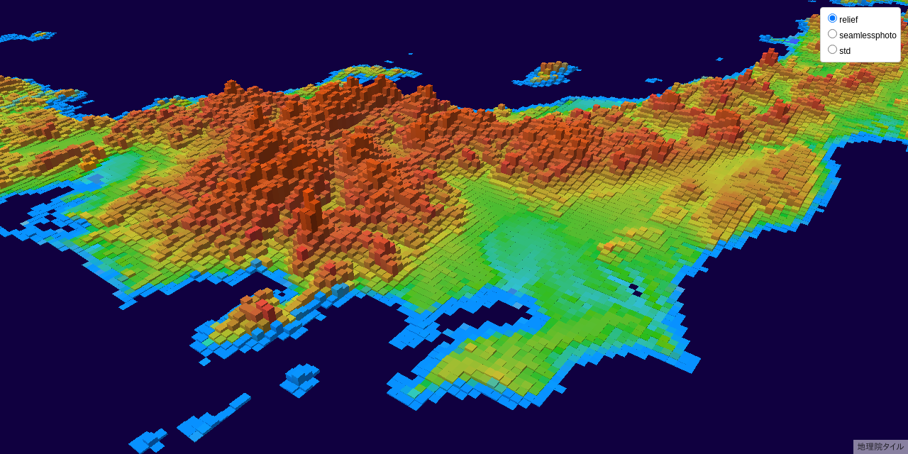 GitHub - frogcat/gsi-voxel: 地理院タイル（DEM、ラスタ）を使った voxel ビューのデモ