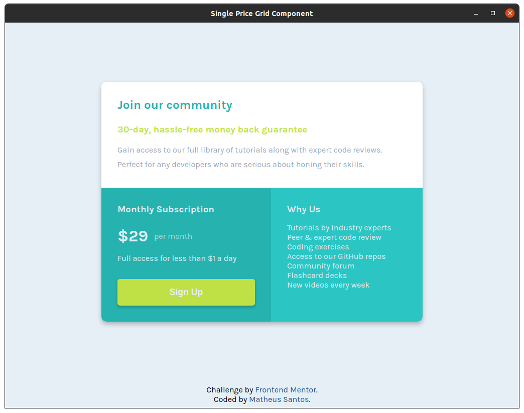 Github Matheusg18 Single Price Grid Component Desafio Do Frontend Mentor De Montar Um