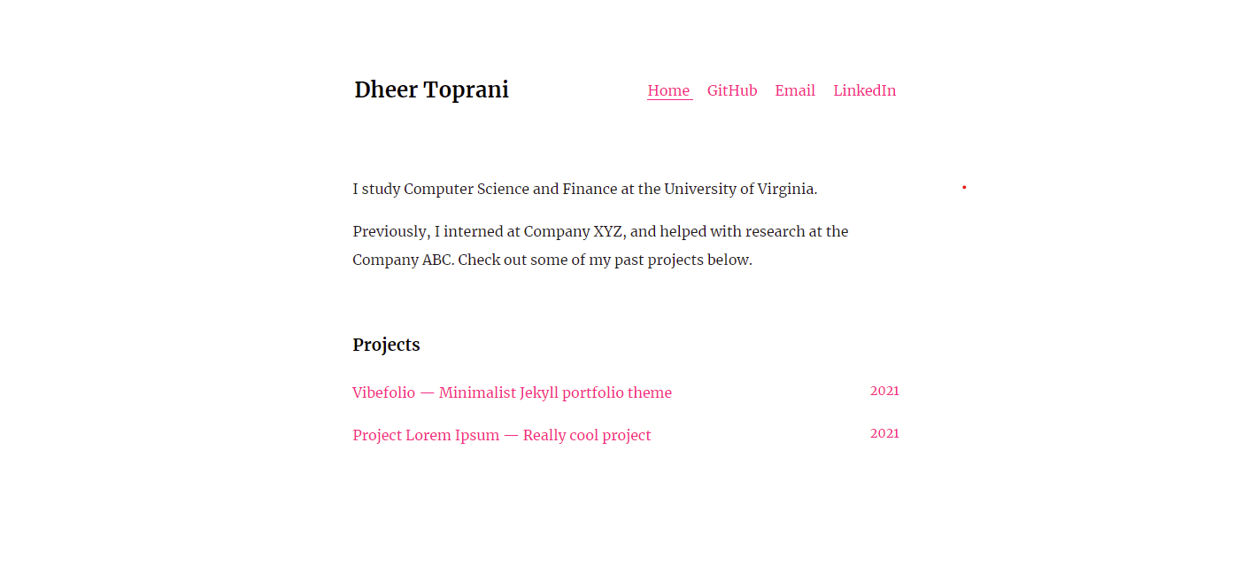 GitHub - dheerkt/vibefolio: A minimalist Jekyll theme for personal portfolios.