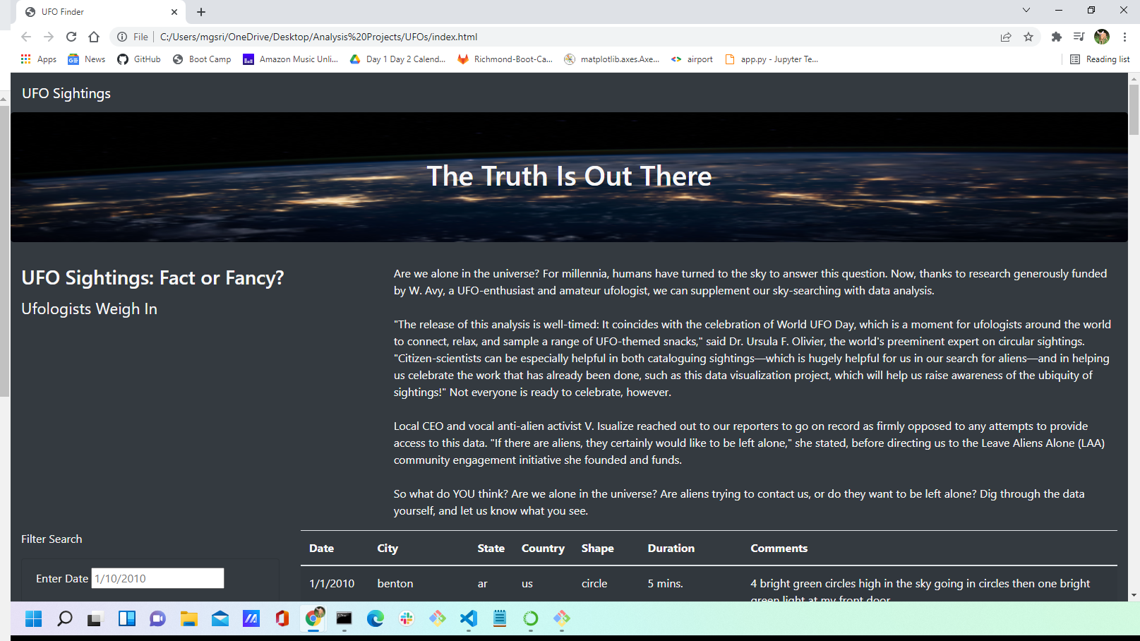 GitHub - mgsrichard/UFOs: Web based dashboard to filter a dataset of UFO sightings