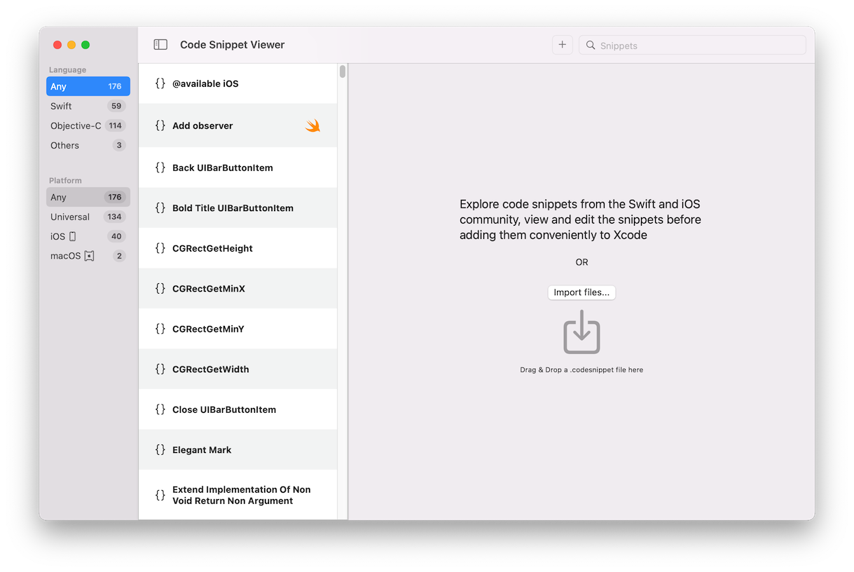 GitHub - MarcoEidinger/XCSnippetsApp: macOS application to explore code ...