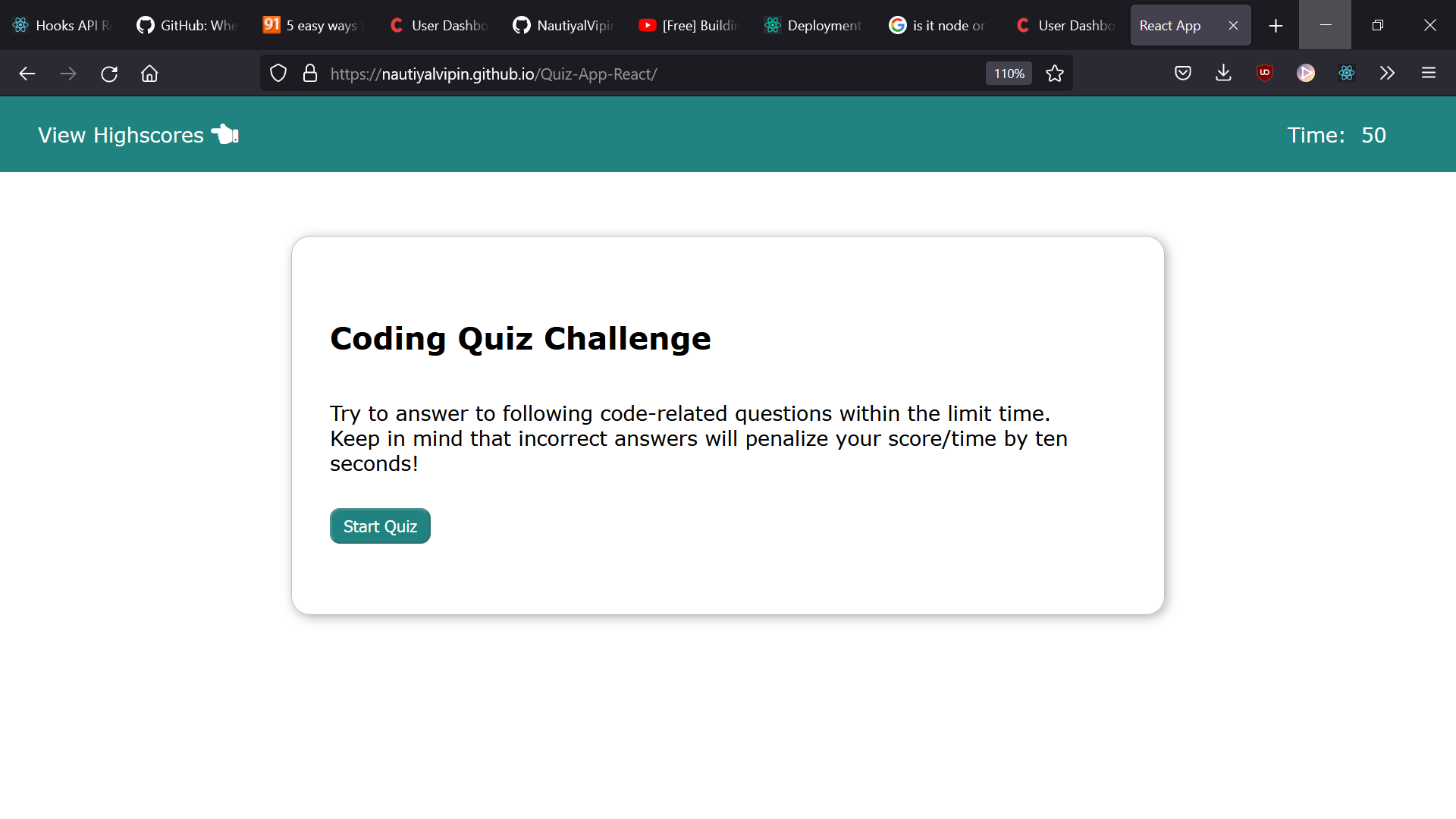 Github Nautiyalvipinquiz App React Codedamn Project 4 Quiz App Using React 9801