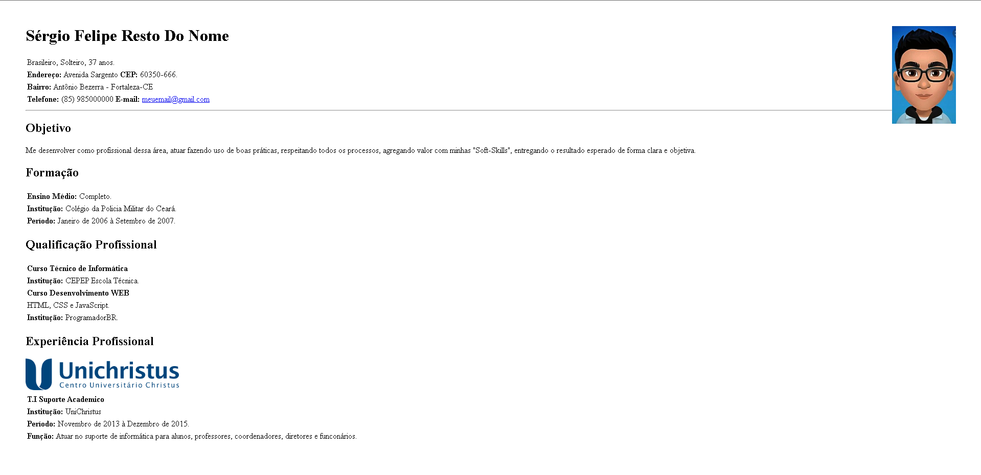 GitHub - InfoDevEstudent/desafiohtmlbasicocurriculo: Desafio Html Básico - Currículo