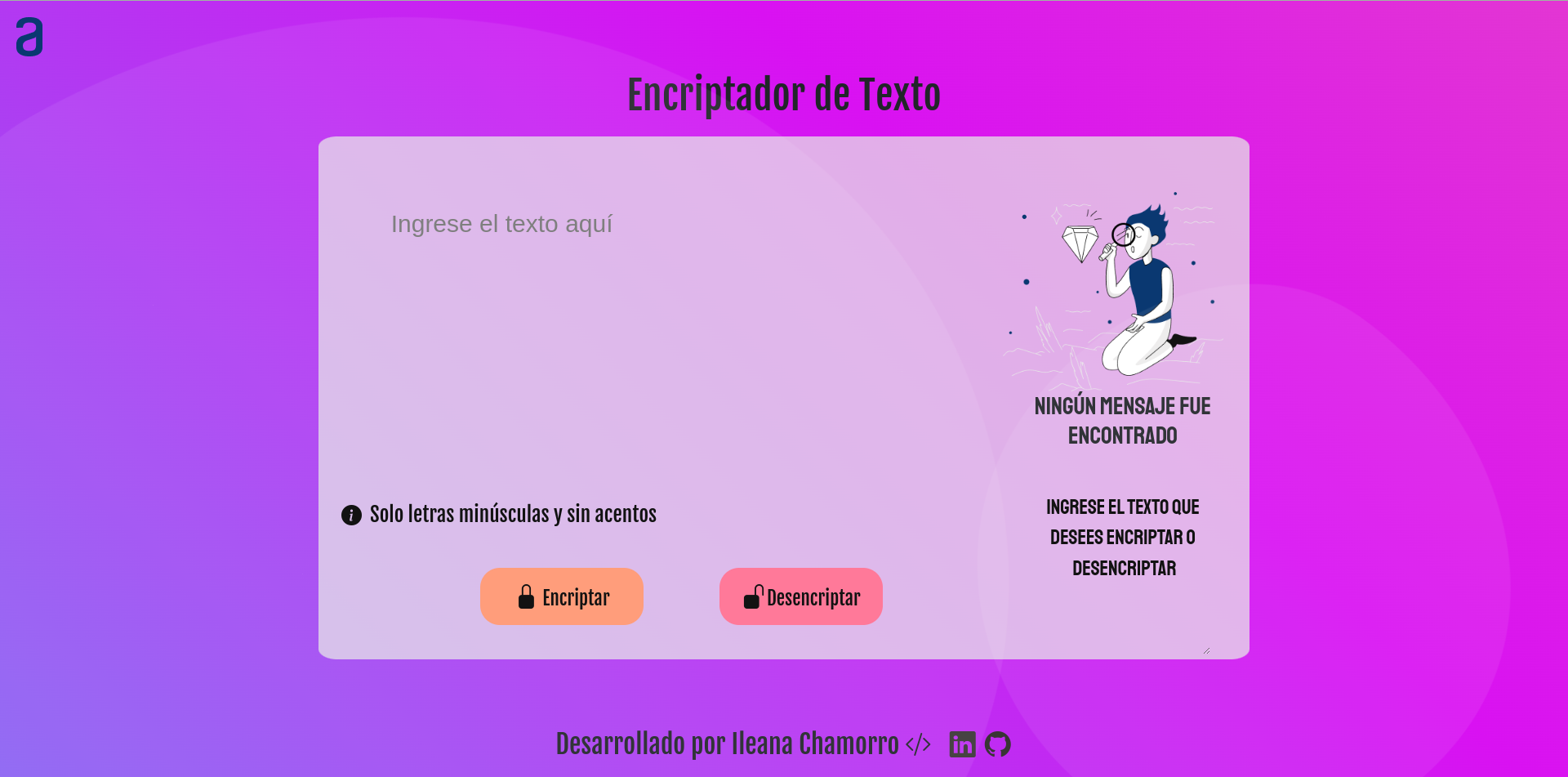 GitHub - IleanaChamorro/encriptador-de-texto.github.io: Challenge de ... GitHub - IleanaChamorro/encriptador-de-texto.github.io: Challenge de ...