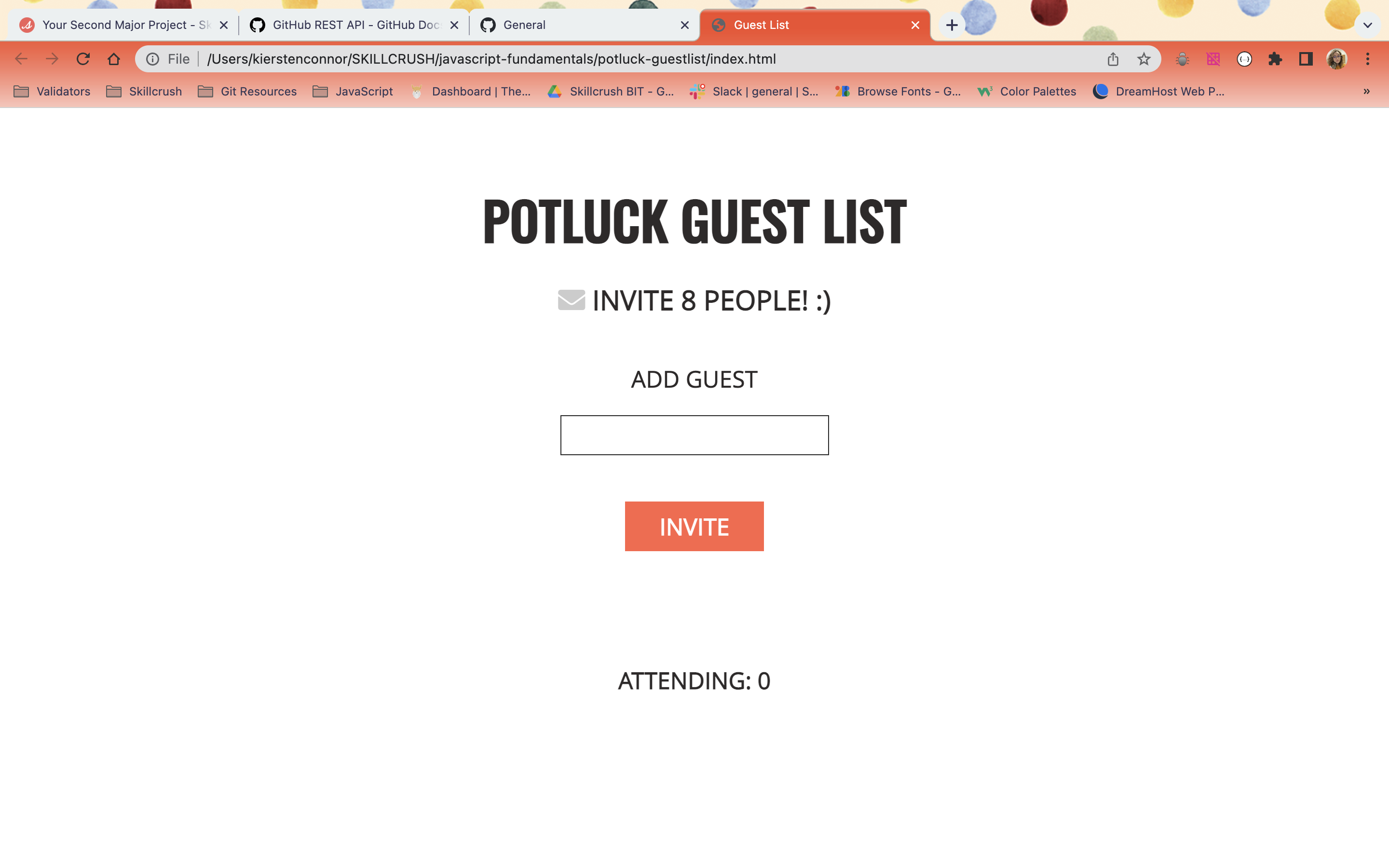 GitHub - kiersten-c/potluck-guestlist: 8 guests are invited to a potluck and assigned dishes