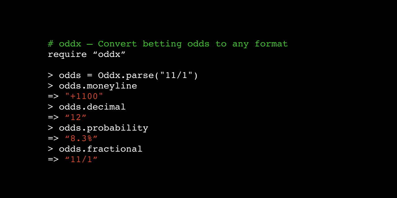 GitHub - irishbryan/oddx: Convert sports betting odds to any format (e.g. 3/1 » +300)