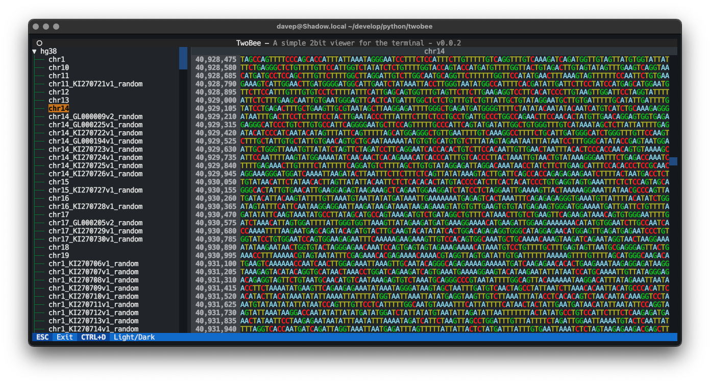 GitHub - davep/twobee: A 2bit file viewer for the terminal, complete with Python 2bit library