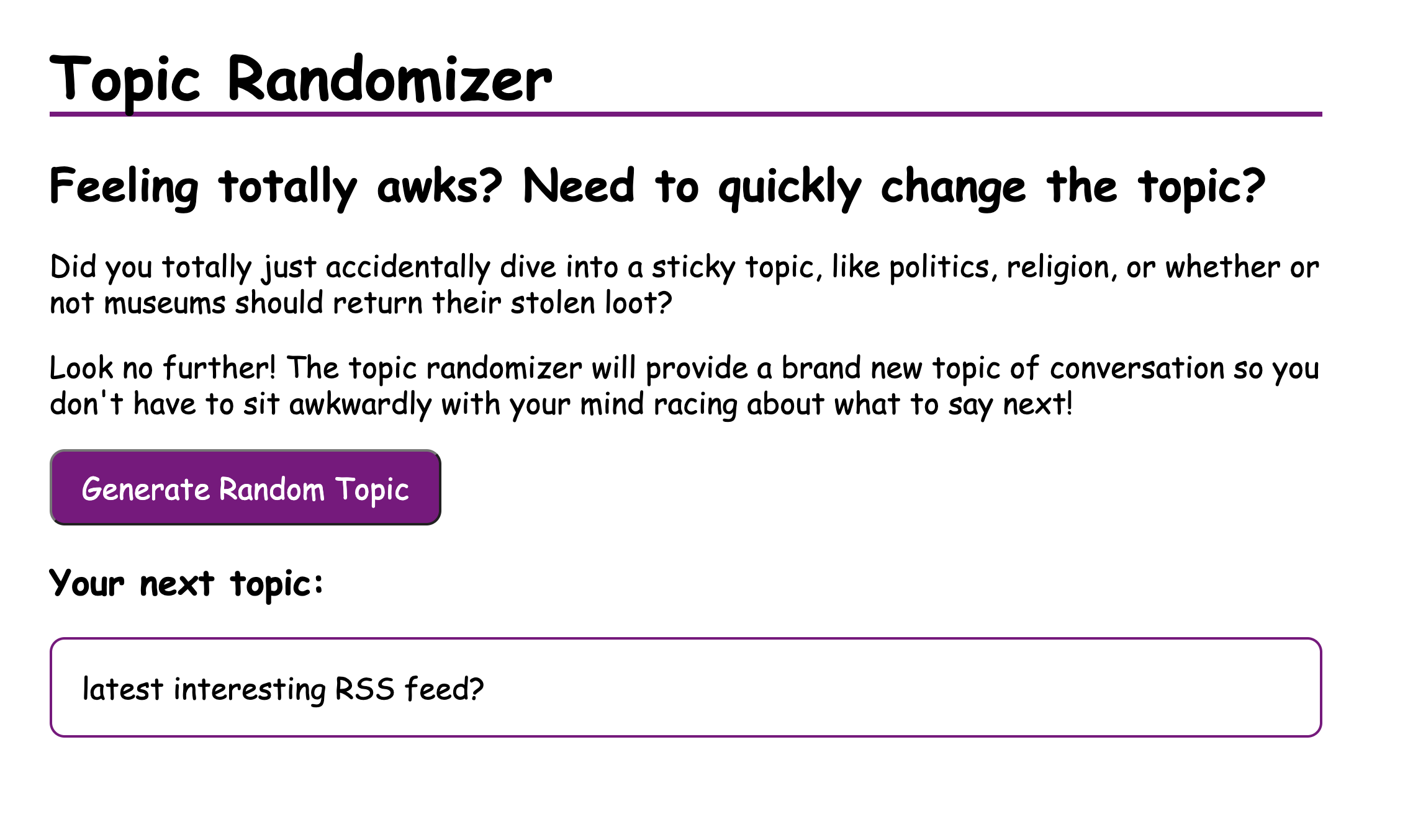 GitHub - MelSumner/topic-randomizer: Topic suddenly need changing? Look ...