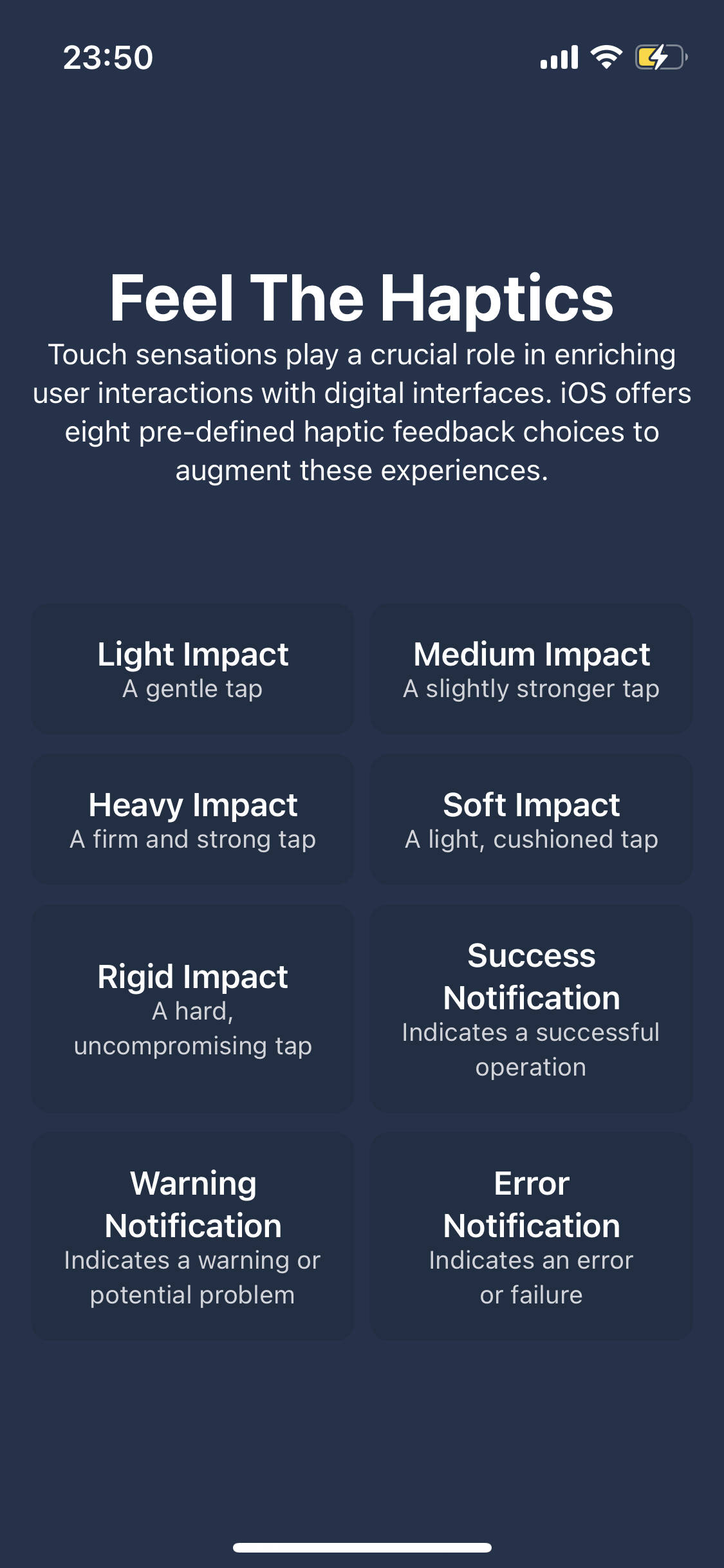 GitHub - nystuen/FeelTheHaptics: Interactive app to feel the different haptics iOS offers