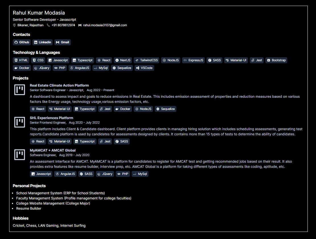 GitHub - rahul-modasia31/resume-builder: Dark Mode Resume