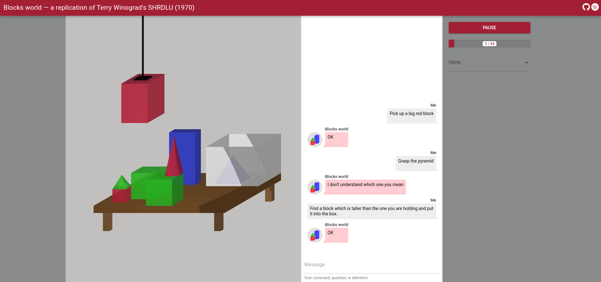 GitHub - garfix/blocks-world: Client to NLI-GO to interact with the SHRDLU blocks world