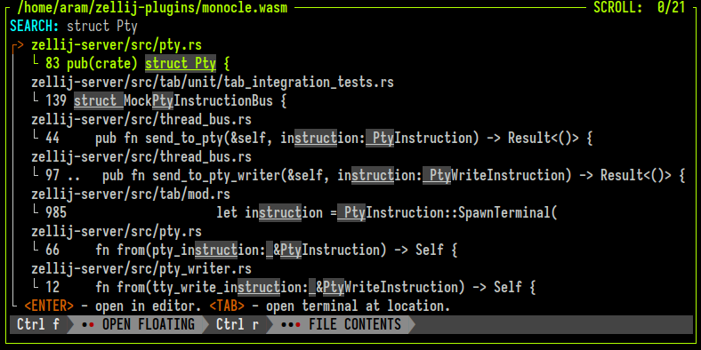 GitHub - imsnif/monocle: A Zellij plugin to fuzzy find file names and contents in style 🧐