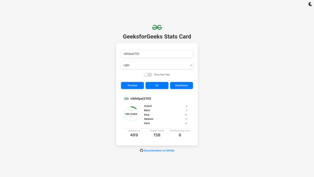 GitHub - nikhilpal2705/GeeksForGeeks-Stats-Card: Dynamically generated GeeksForGeeks stats!