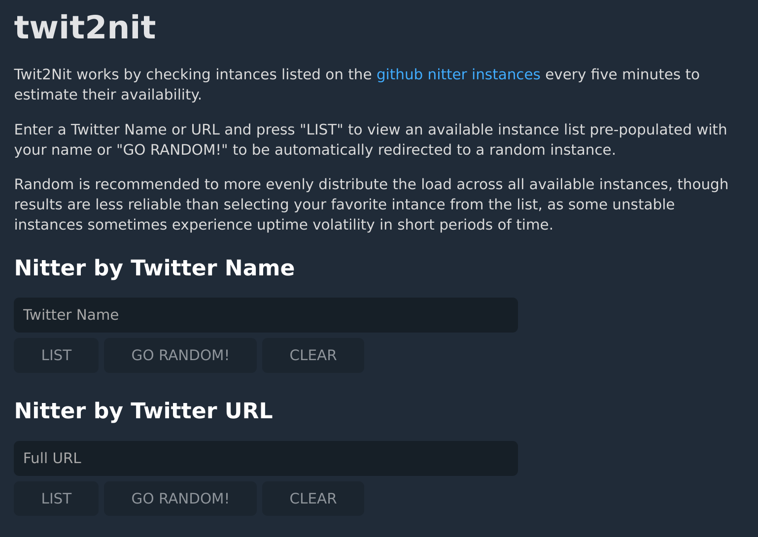 GitHub - ktleary/twit2nit.xyz: View a twitter user or link on an active nitter instance