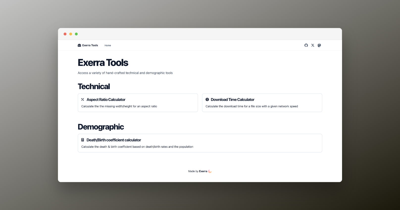 GitHub - Exerra/tools: Access a variety of hand-crafted technical and demographic tools.