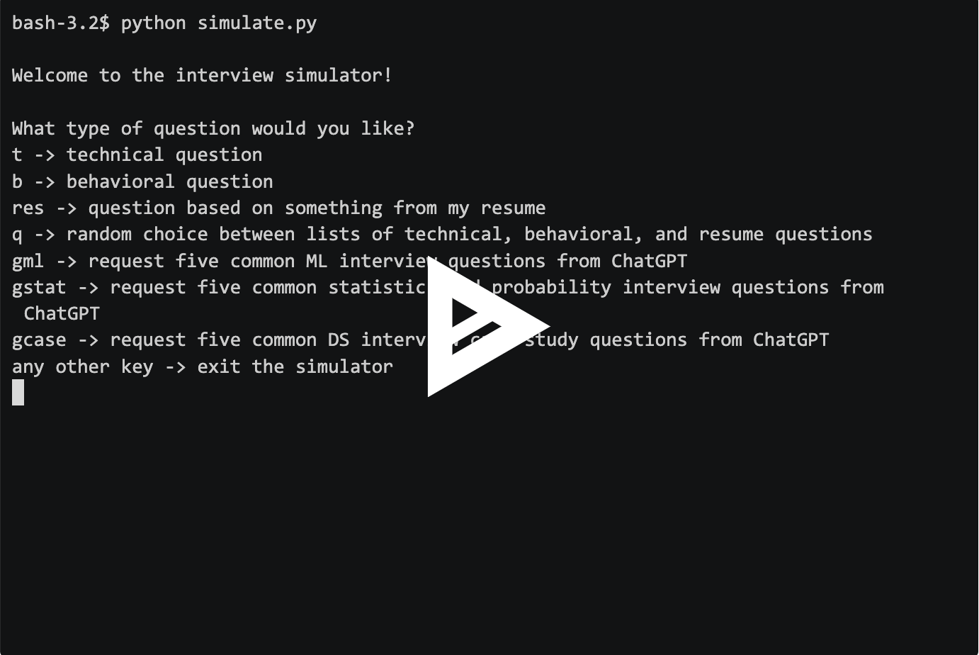 GitHub - nathanvilliger/interview_simulator: Simulate job interviews from the command line, with ...