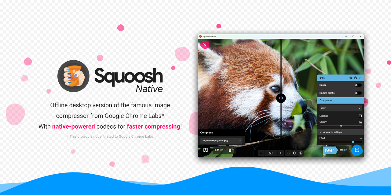 GitHub - TransparentLC/squoosh-native: 在线图片压缩工具 Squoosh 的桌面离线版，支持调用本地的命令行程序进行更快的编码