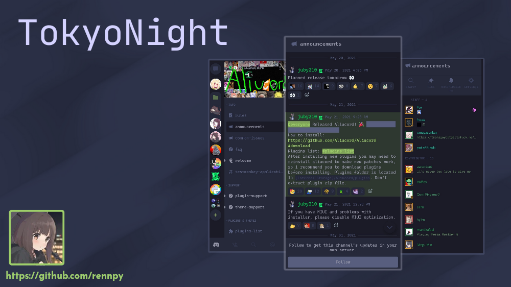 GitHub - rennpy/TokyoNight: Aliucord Theme inspired by the TokyoNight.nvim colorscheme.