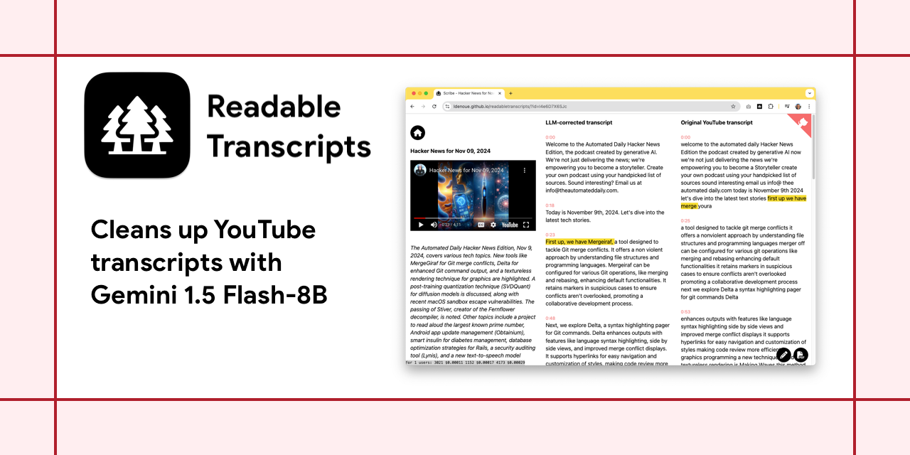 GitHub - ldenoue/readabletranscripts: Readable YouTube Transcripts using Gemini 1.5 Flash 8B