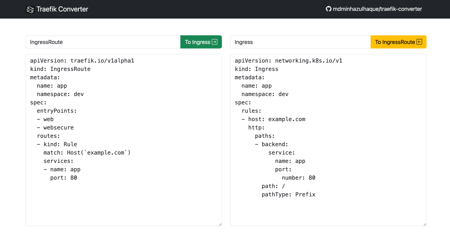 GitHub - mdminhazulhaque/traefik-converter: 🔀 IngressRoute and Ingress Converter