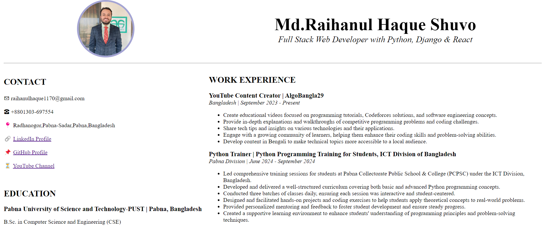 GitHub - Shuvoahmed29/Simple-Resume-Template-Design-using-HTML: A simple and professional resume ...