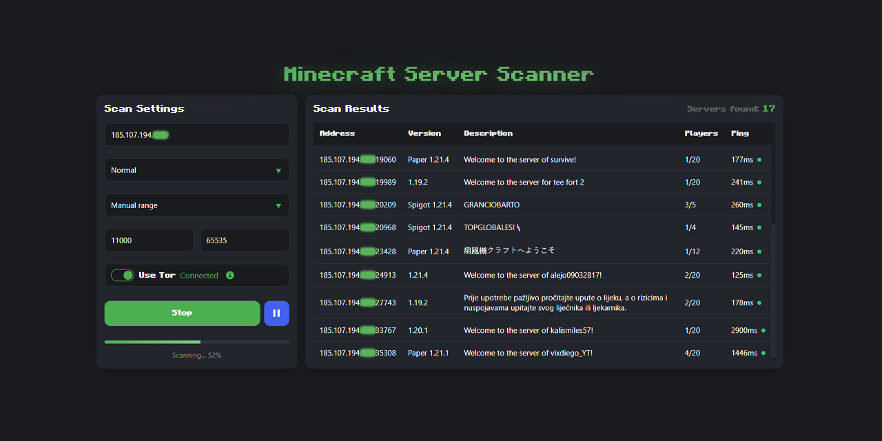 GitHub - Kovname/Minecraft-Server-TOR-Scanner-WebUI: Scans only a range of ports for Minecraft ...