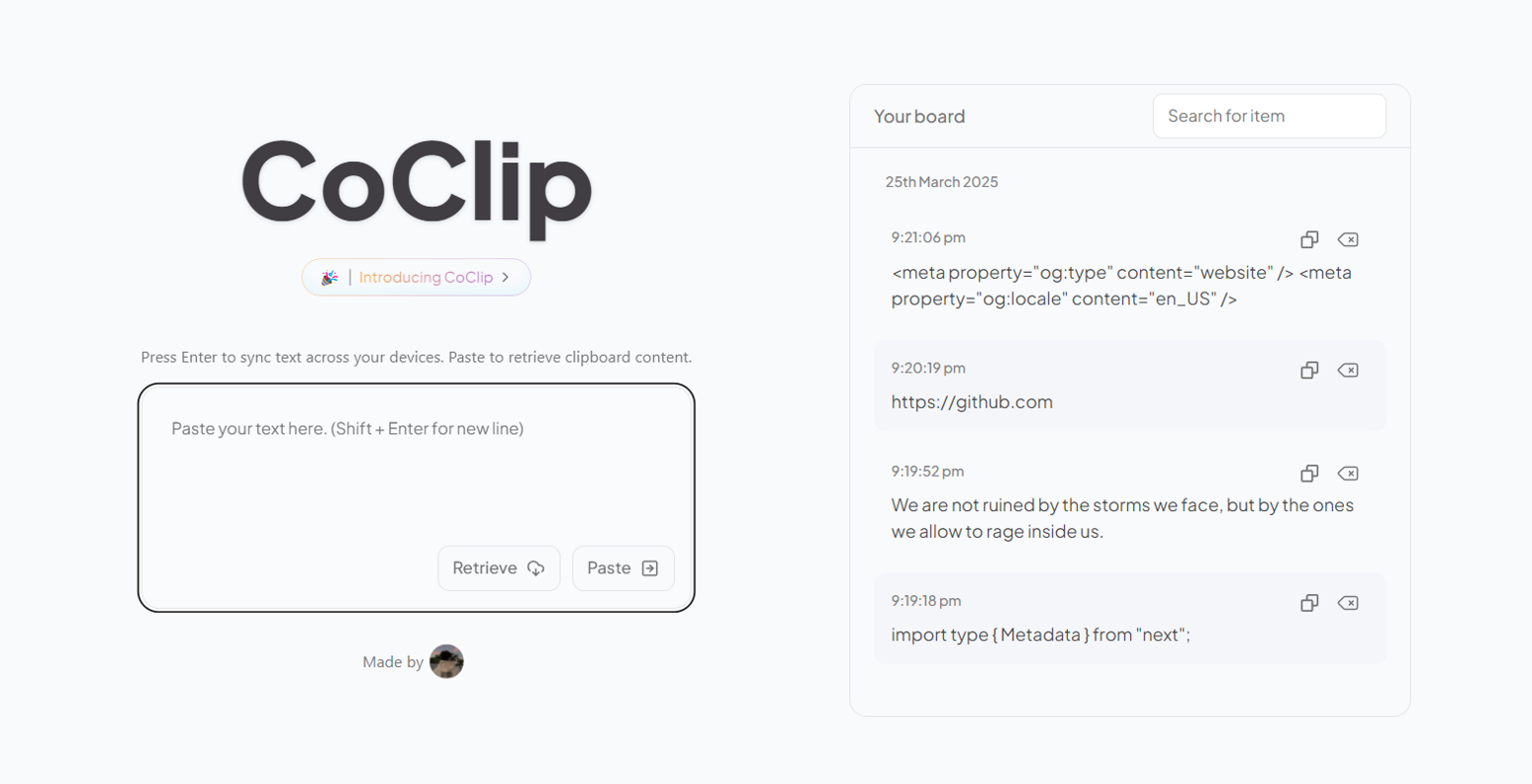GitHub - divyanshudhruv/coclip: A 🌍 cloud-based clipboard that lets you 📋 copy text on one ...