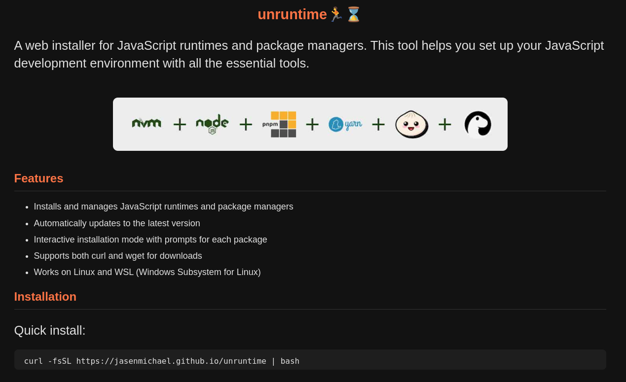 GitHub - jasenmichael/unruntime: Install and update nvm, node, pnpm, bun, and deno with ease.